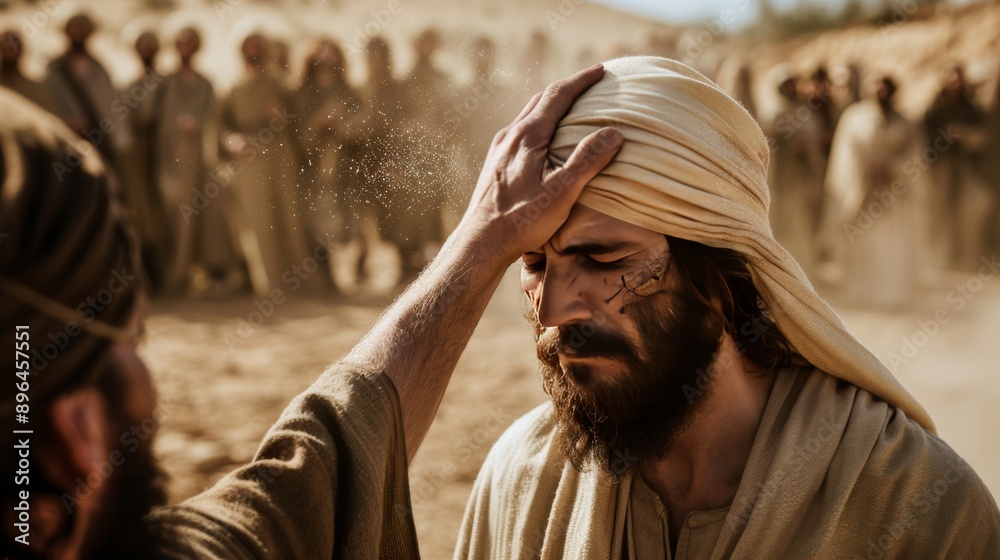 Jesus heals a blind man from behind by touching his eyes. Crowds watch ...