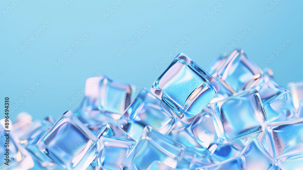 Ice Cubes and Ice Pieces on a Cool Blue Background. Transparent Ice ...