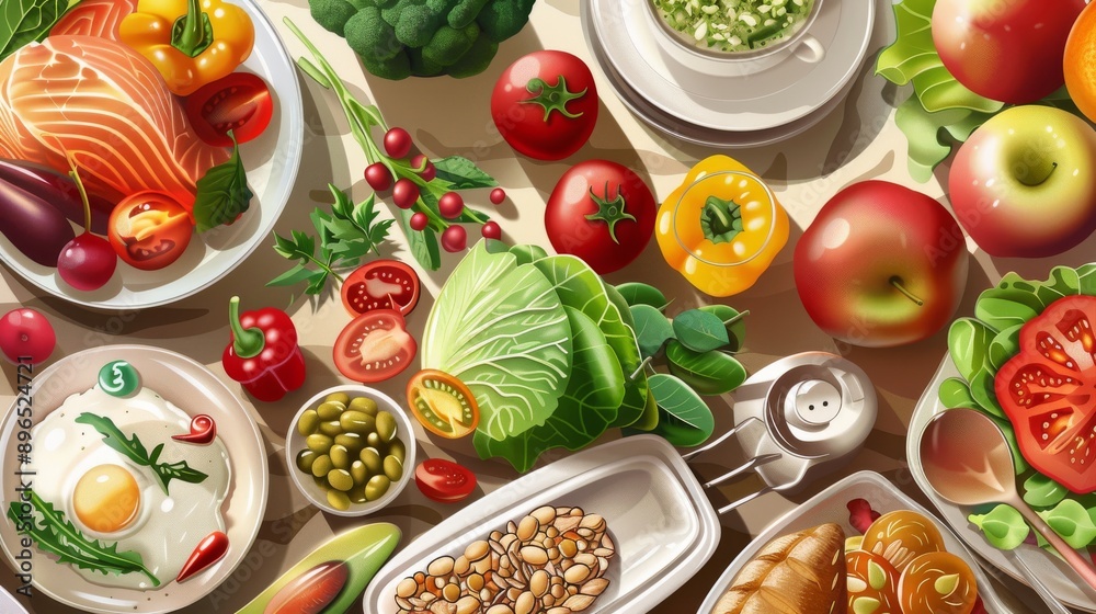 A detailed illustration of a DASH diet plan. featuring vegetables ...