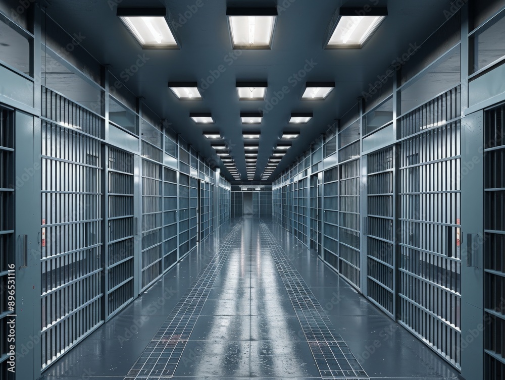 Empty prison corridor with rows of metal cell doors, creating a sense ...