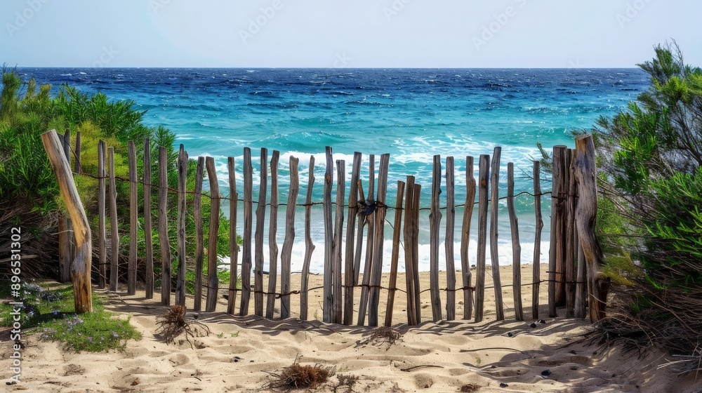 Fence made of driftwood, standing on a sandy beach, with the ocean ...
