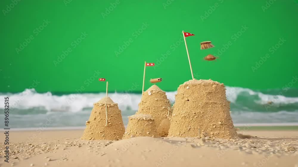 Sandcastle with Flags on Beach green screen background with Ai ...