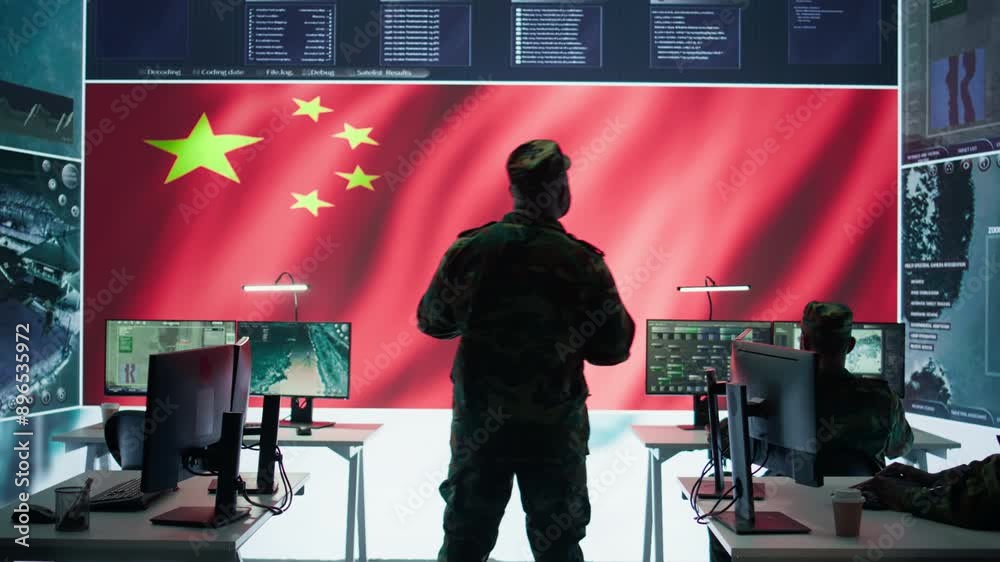 American army working in a command post with green screen, soldiers ...