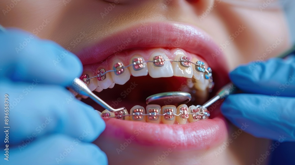 Perfect smile: orthodontic bracket or brace, highlighting dental ...
