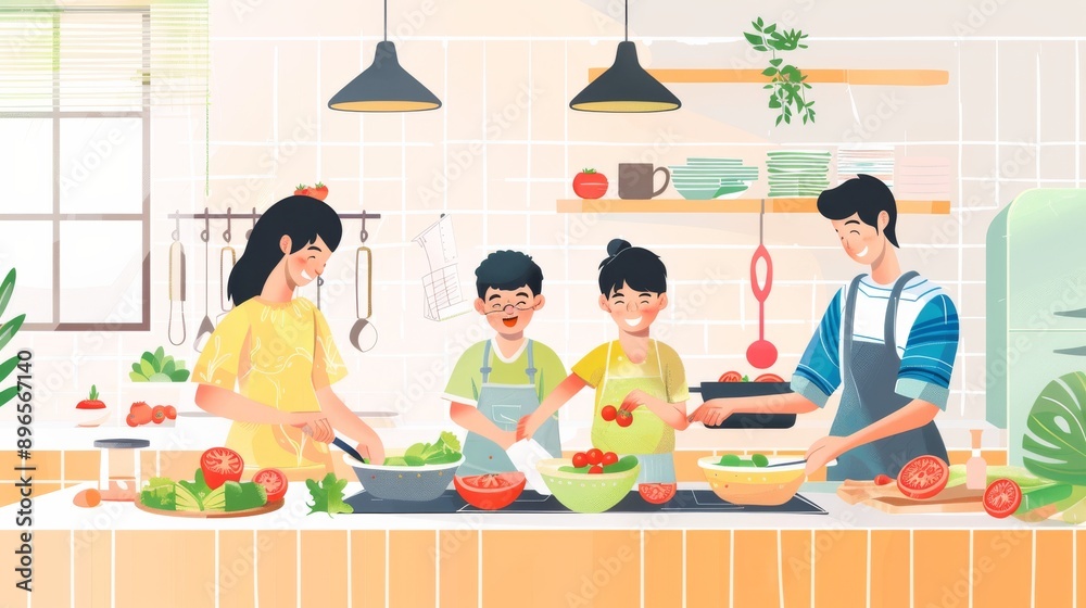 A family cooking healthy dinner together. featuring parents and ...