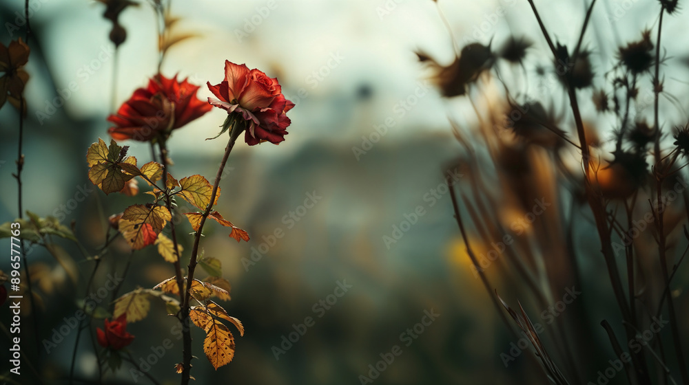 Gothic undertone of wilting red roses amongst the weeds, warm orange ...