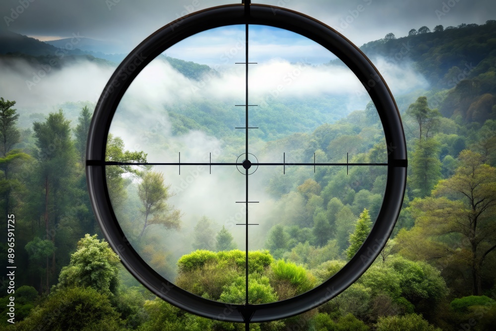 Rifle scope view of a distant target, crosshairs centered on a circular ...