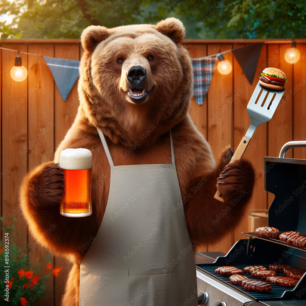 Photo of a Grizzly Bear at a Backyard BBQ Barbecue Grill Cooking Fire ...