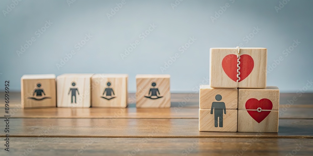 Wooden cube blocks with scammer and envelope symbols depicting a love ...