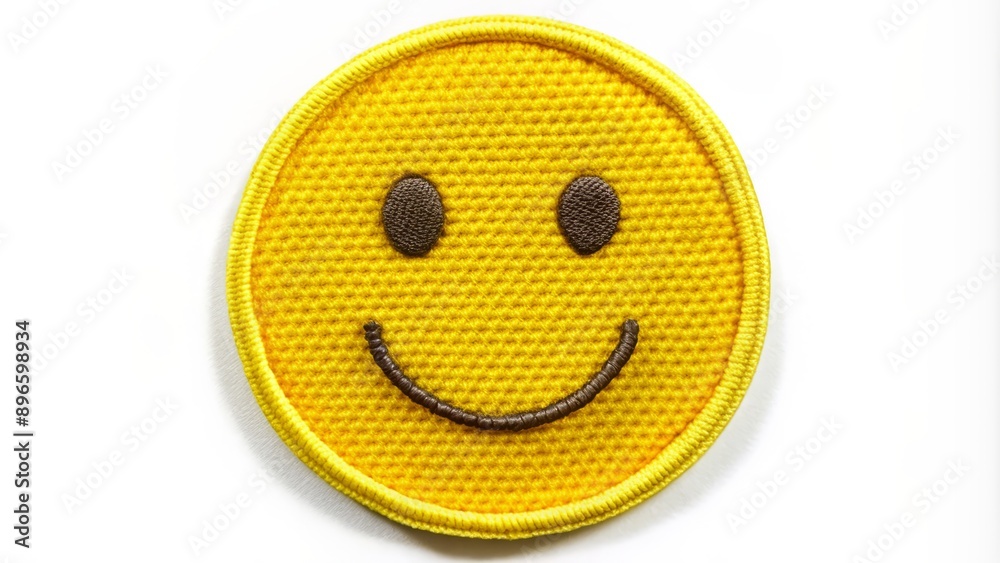 Bright yellow round smiley face embroidered badge with intricate ...