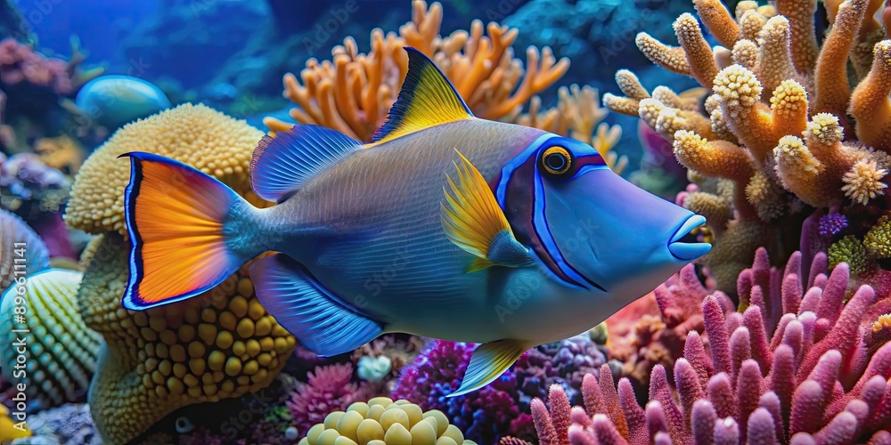 Blue Jaw Triggerfish engaged in courtship dance among colorful coral ...