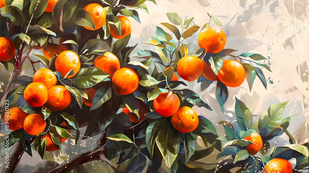 Lush verdant orange grove with ripe juicy citrus fruit growing on tree ...