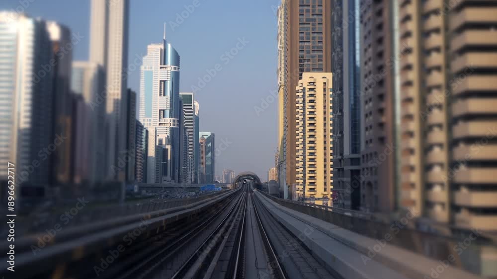 A contemporary urban train track cutting through towering skyscraper ...