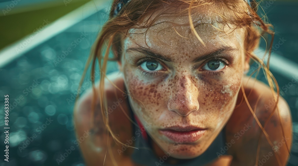 Determined Female Athlete Focused on Dry Exercises, Embracing the Sweat ...