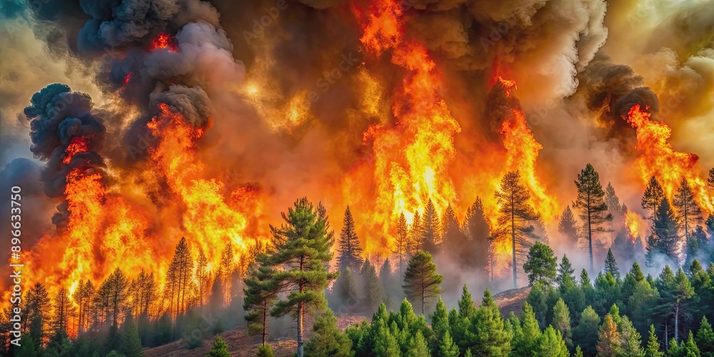 Dangerous wildfire spreading through a forest during hot summer weather ...