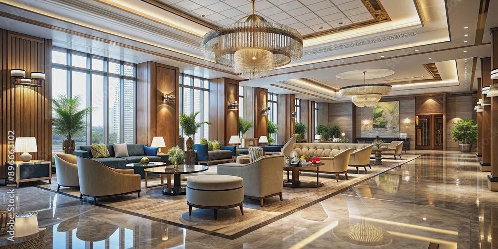 Luxurious hotel reception hall and lounge restaurant with modern ...