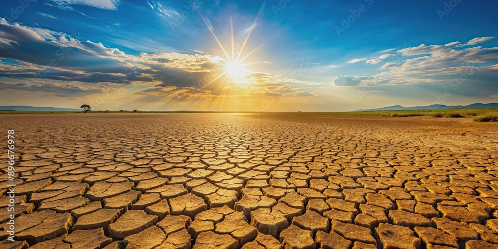 Vast expanse of dry land with cracked soil under the scorching sun ...