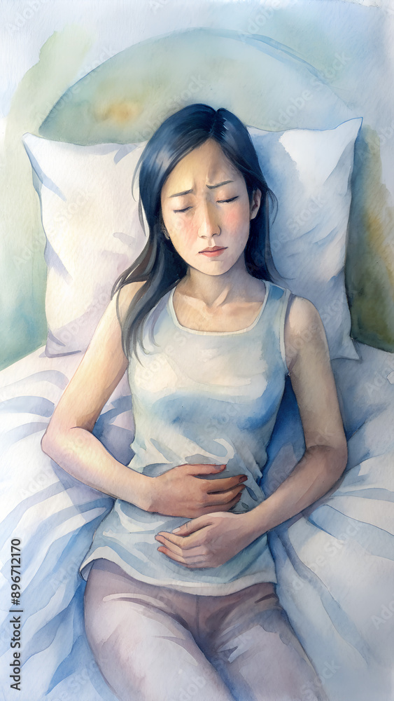 asian girl having severe cramp in lower abdomen is holding her belly ...