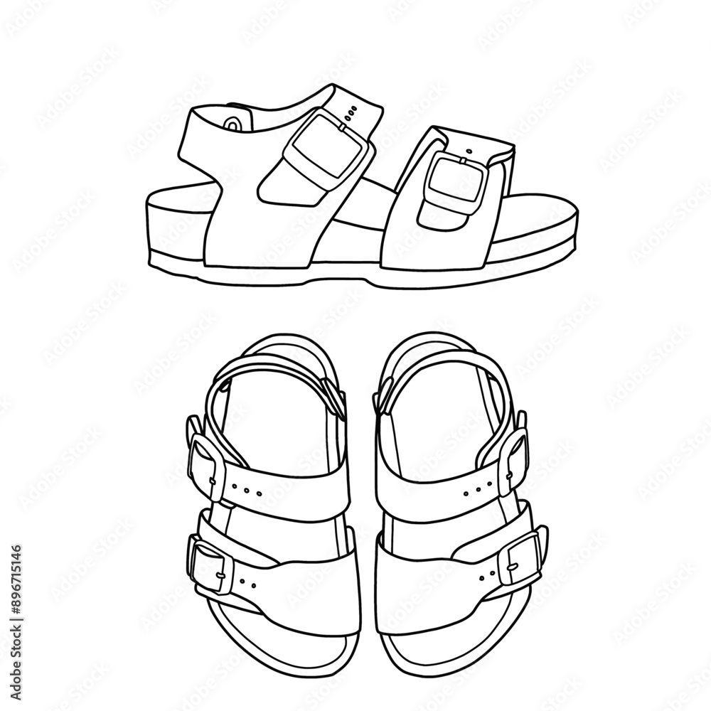 Vector sketch of flat sandals for kids with buckles, top and side view ...