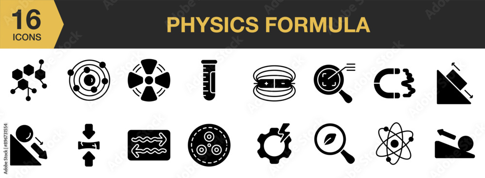 Physics Formula icon set. Includes proton, radiation, test tube, photon ...
