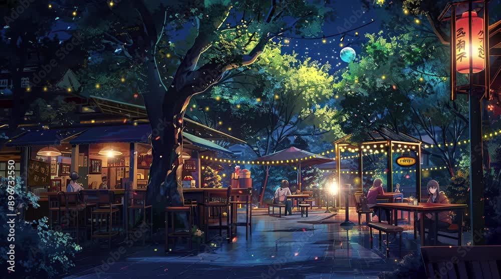 Outdoor cafe with chairs and tables in a fantasy night setting ...