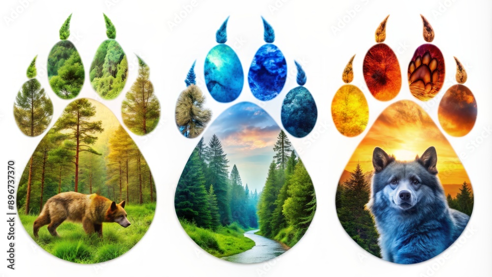 Wildlife footprint icons in vibrant colors, featuring dog, wolf, and ...