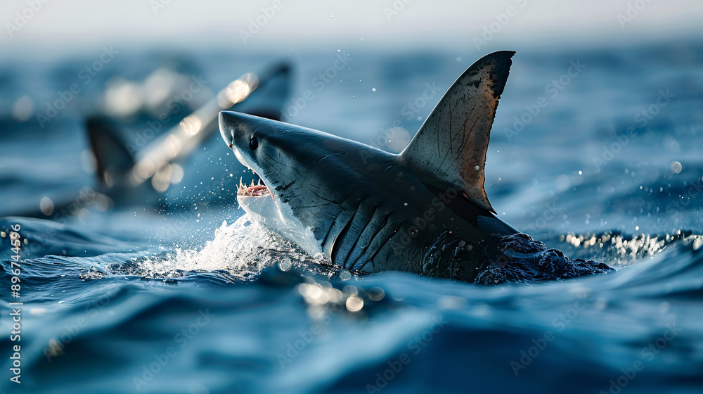 Predatory Shark Fins in Aggressive Posture with Disturbed Water ...