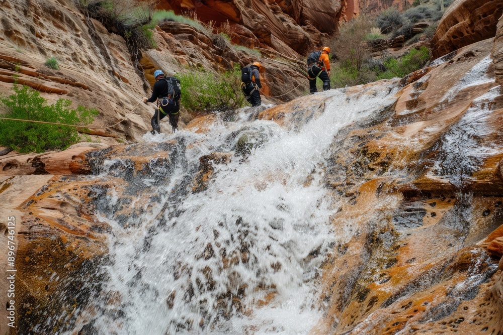 Canyoning Adventure: Adventurous image of thrill-seekers rappelling ...