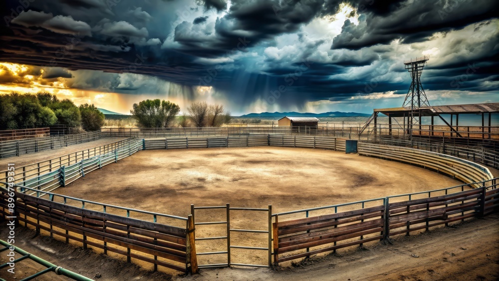 Forgotten rodeo arena under ominous dark skies with worn fences and ...