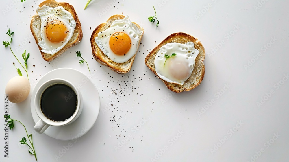 Flat lay of a minimalist breakfast setup with toast, eggs, and coffee ...