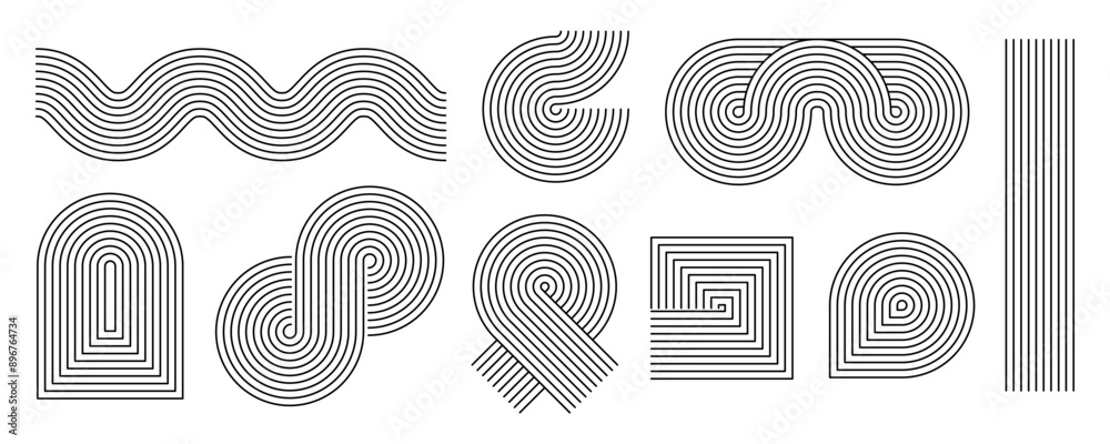 Black linear boho style waves and shapes set. Mid century curves and ...