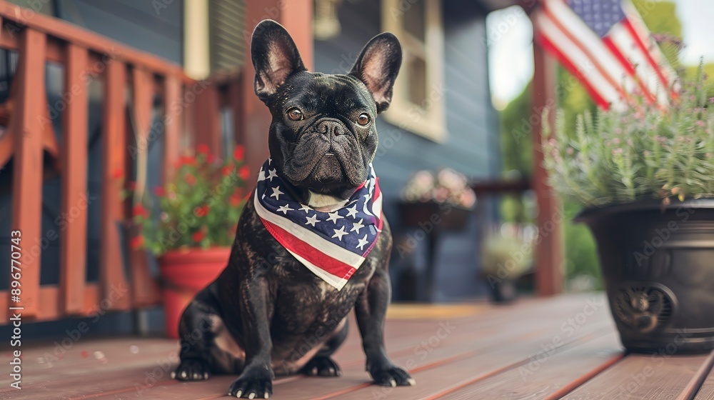Patriot French Bulldog dog celebrating 4th of July wearing bandana with ...