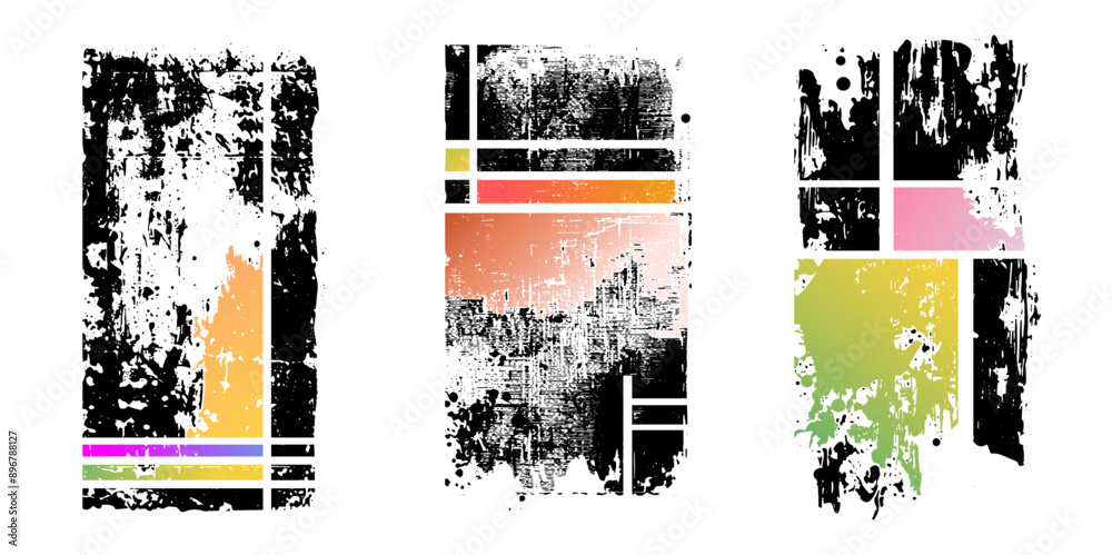 Set of colorful grunge overlay texture frame with brush stroke and torn ...