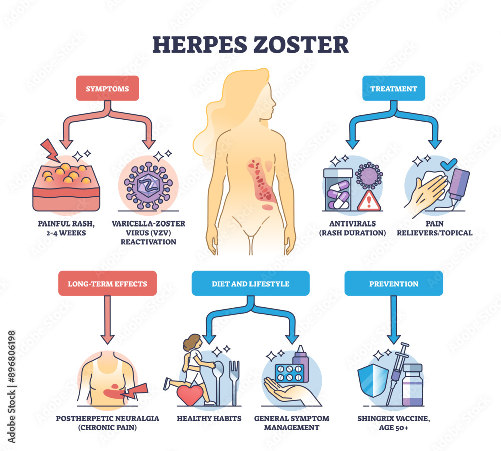 Herpes zoster infection medical symptoms and treatment outline diagram, transparent background ...