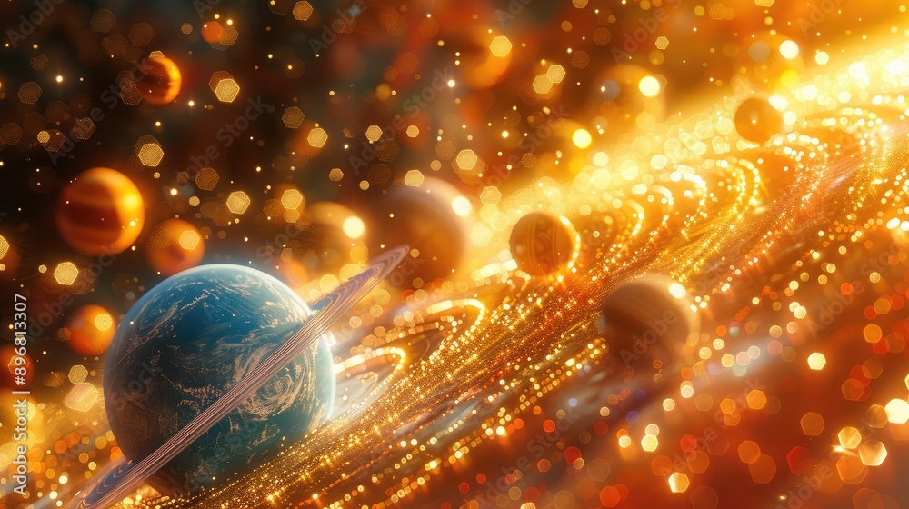 A cosmic 3D scene where planets are musical instruments orbiting around ...