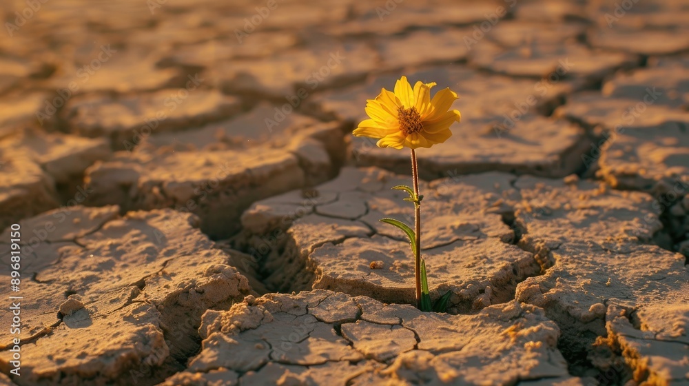 Solitary flower in a crack of arid desert soil, capturing a powerful ...