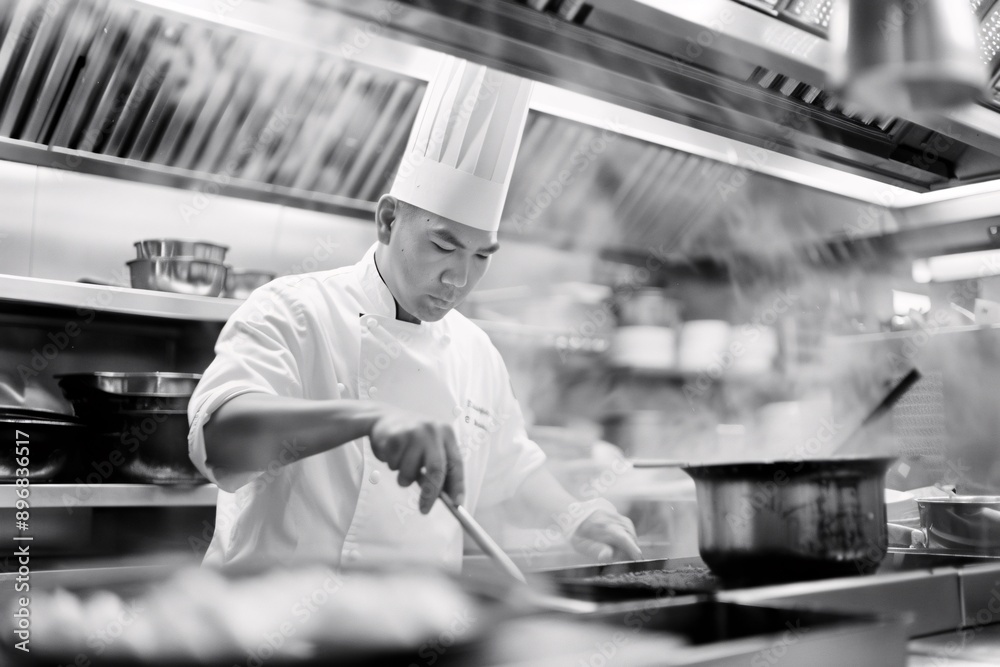 A chef in a white chef's hat and jacket stirs a pot on a stove in a ...