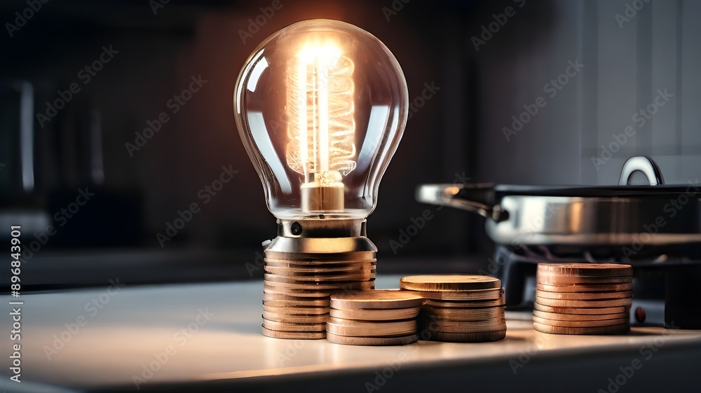 Light bulb next to lit gas cooker with coins nearby, lit gas cooker ...