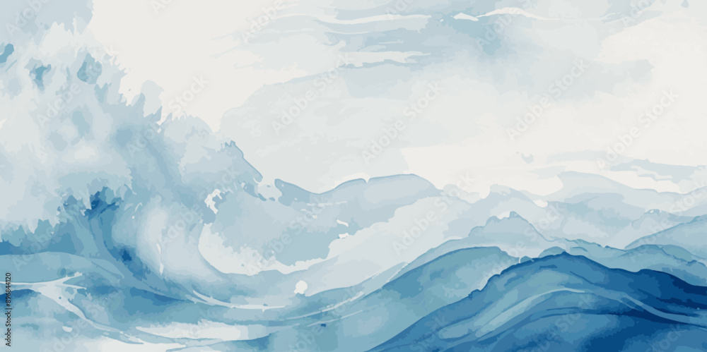Vector watercolor ocean wave line blue and white background. Ocean sea ...
