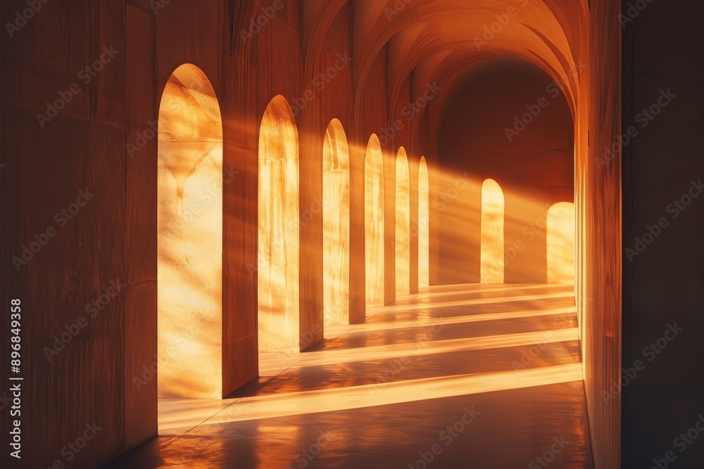 Sun rays shining through arches in a hallway, creating a dramatic light ...