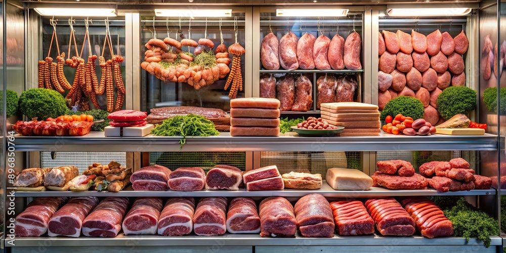 Butcher shop window display of various fresh meats, butcher, shop ...