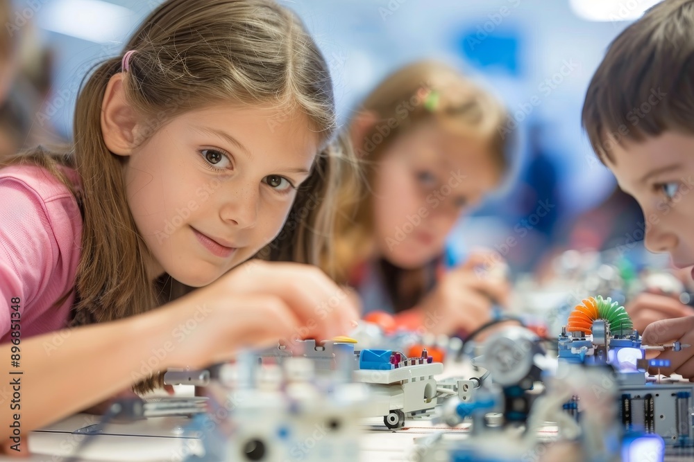 Kids engaged in building with colorful Legos in a school setting ...