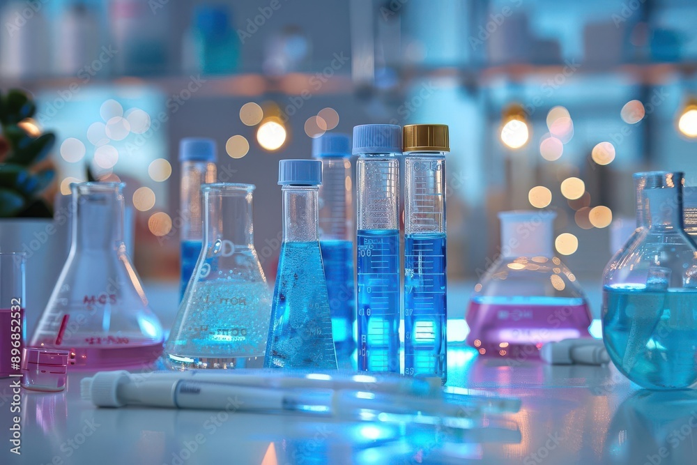 Realistic lab equipment on a sterile countertop including beakers ...