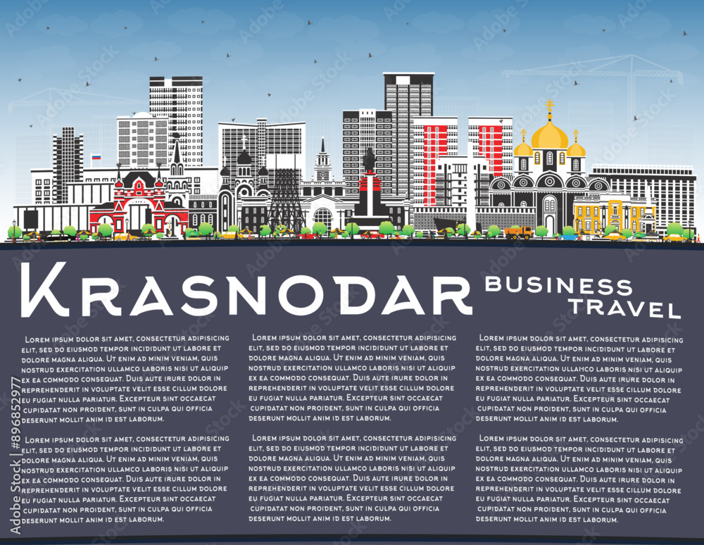 Krasnodar Russia city skyline with color buildings, blue sky and copy ...