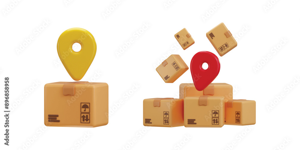 Delivery packages icon set with location pin icon 3d render concept of ...