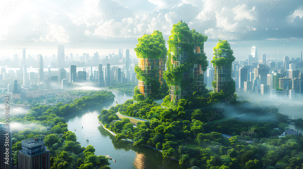 Ecosystem islands surrounded by rivers of diverse biome with white sky ...