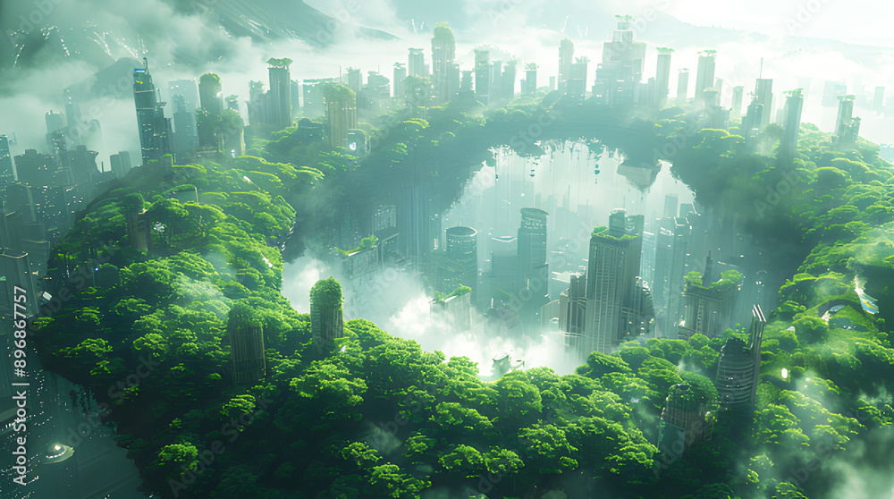 Airborne ecosystem floating islands of diverse biome with white sky and ...