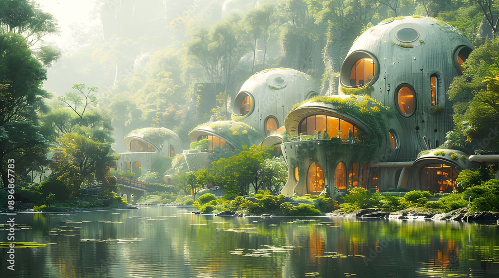 Symbiotic city and forest urban planning with nature. Selective focus ...