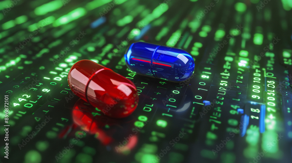 Choice between a red pill and a blue pill concept image on a green data ...