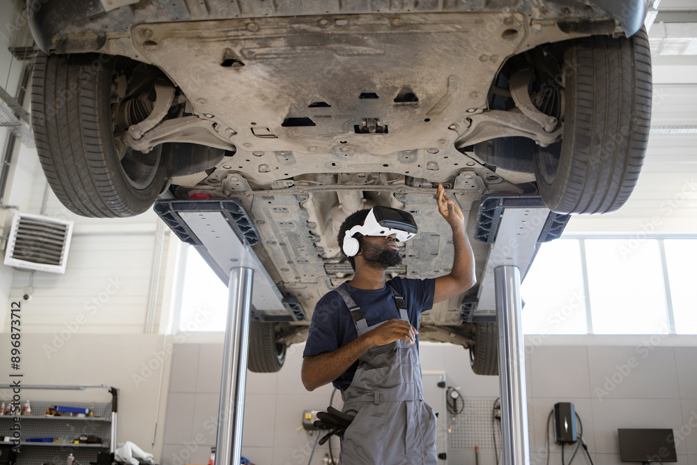 Mechanic using virtual reality headset conducts detailed 3D inspection ...